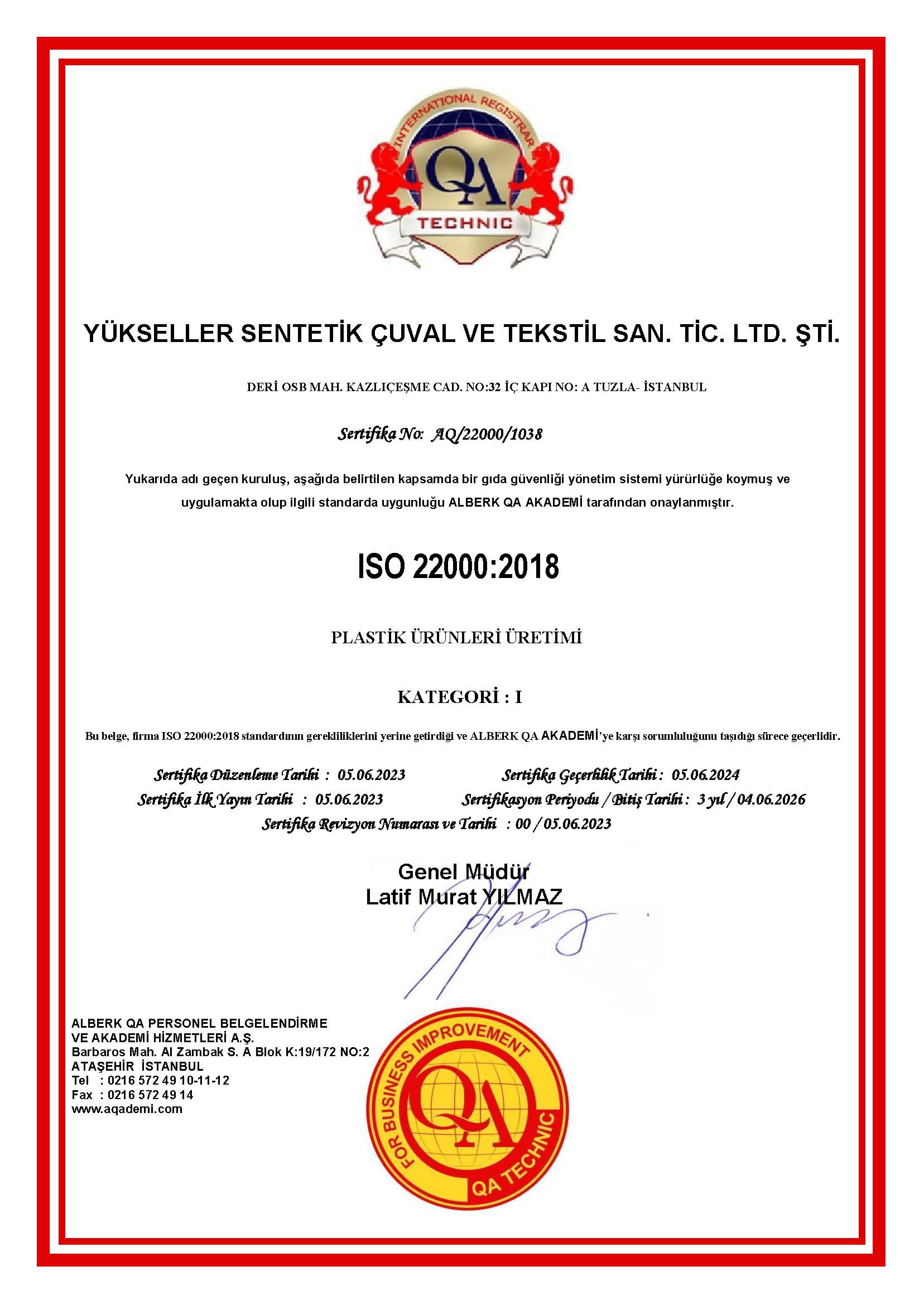 ISO 22000:2018 - Yükseller Sentetik