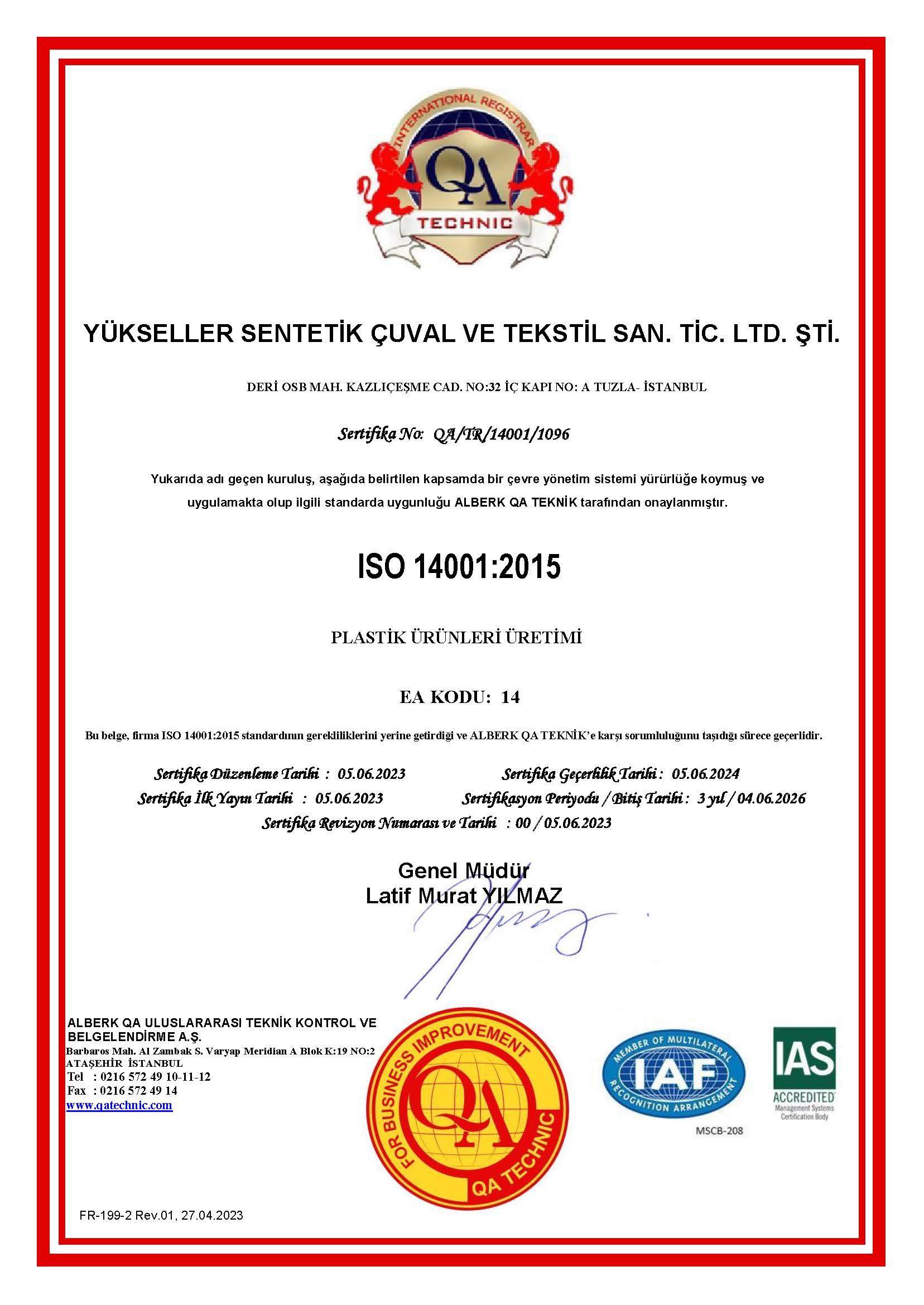 ISO 14001:2015 - Yükseller Sentetik